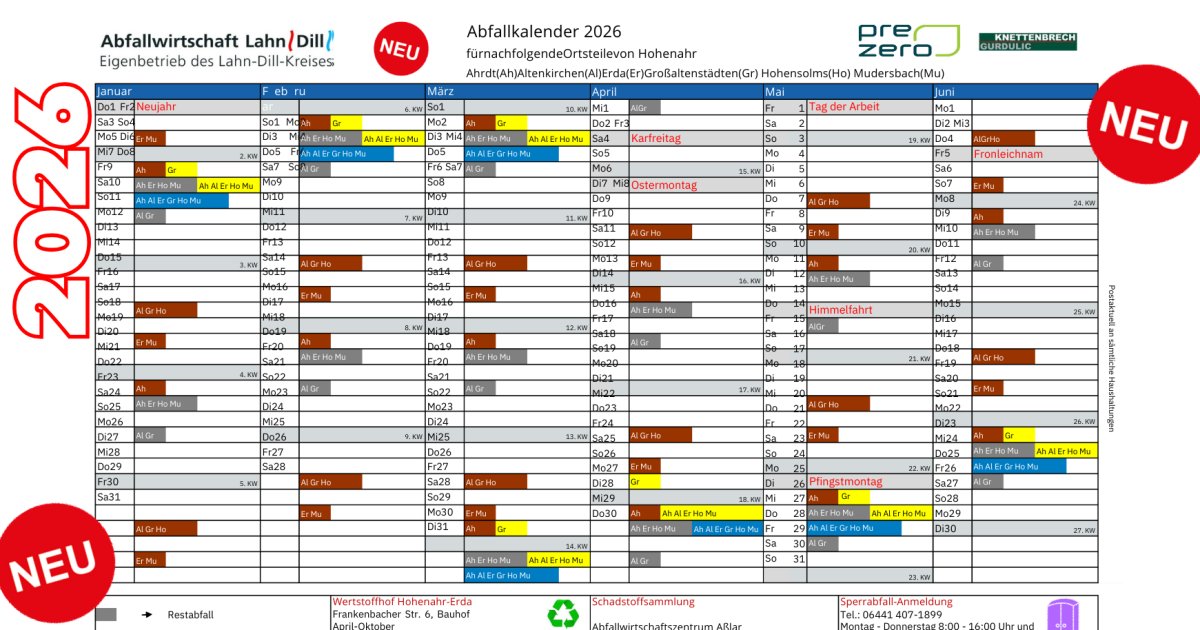 Abfallkalender 2026 in leicht geänderter Form | Gemeinde Hohenahr